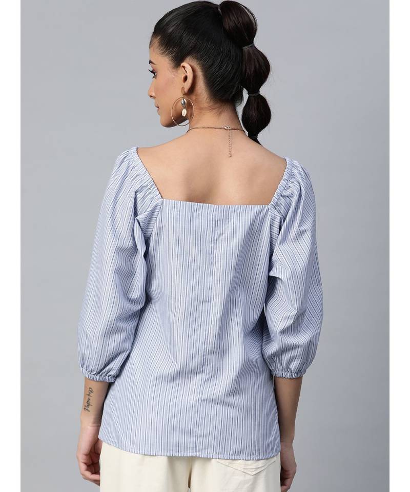 Blue Stripe Puff Sleeve Top - SASSAFRAS - 3465041