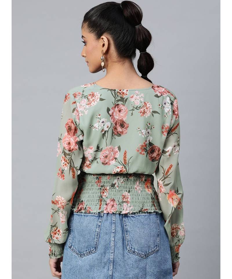 Olive Floral V Neck Smocking Top - SASSAFRAS - 3465046