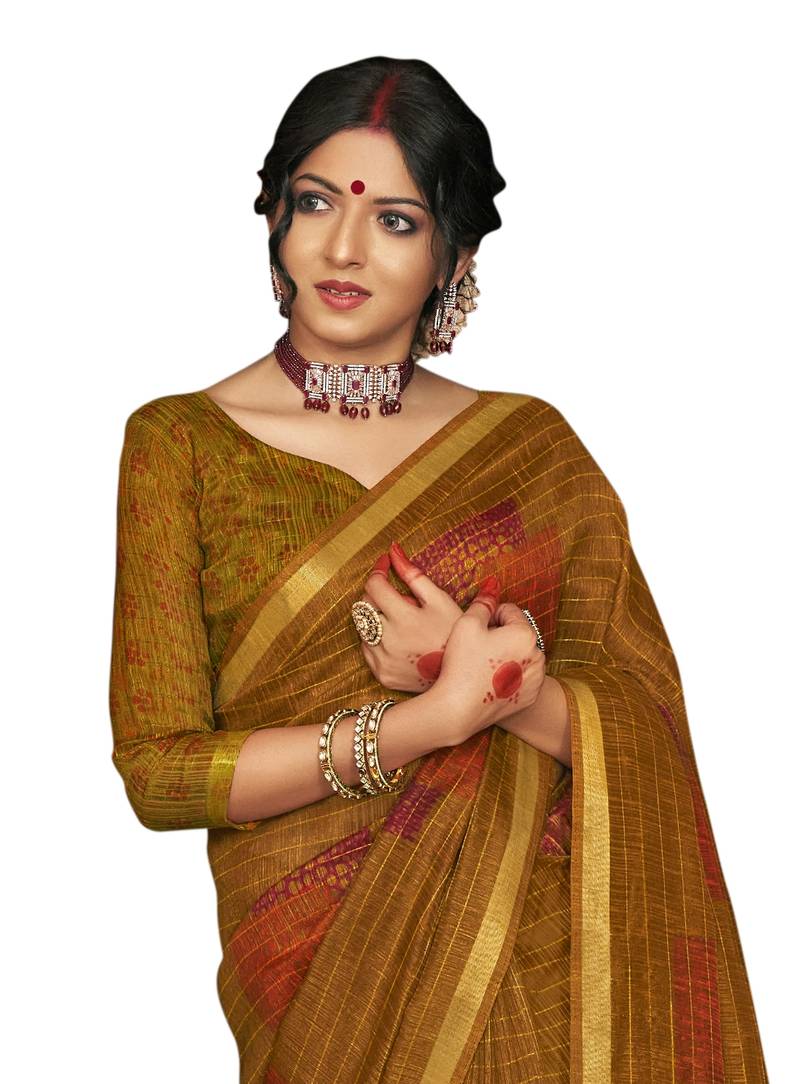 Rust printed cotton saree with blouse - Triveni - 3465766