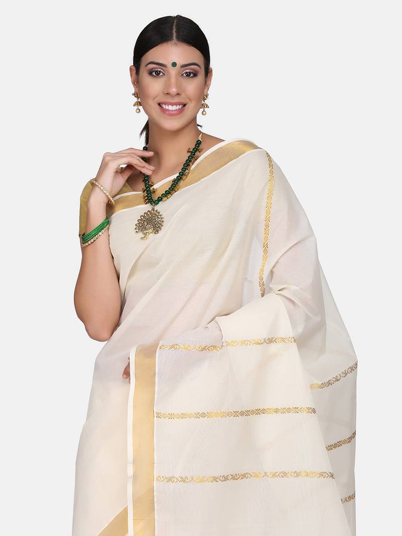 Off White Plain Cotton Poly Saree With Blouse - JIS BOUTIQUE - 2864857