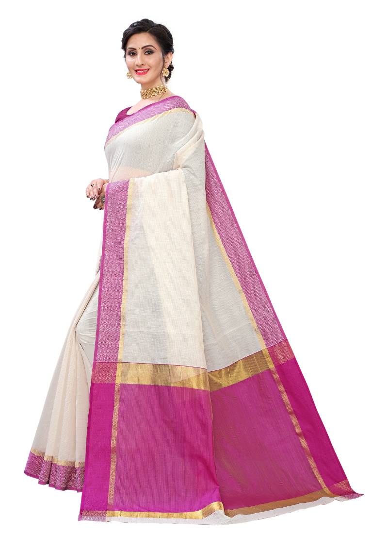 White plain cotton saree with blouse - Leeza Store - 3468080