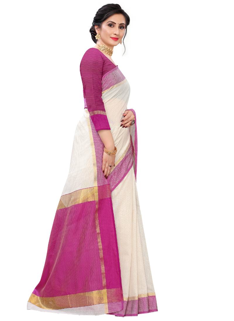 White plain cotton saree with blouse - Leeza Store - 3468080
