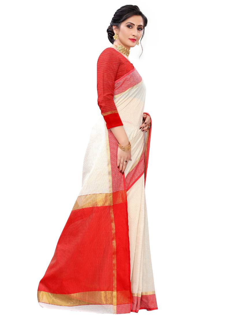 White plain cotton saree with blouse - Leeza Store - 3468083