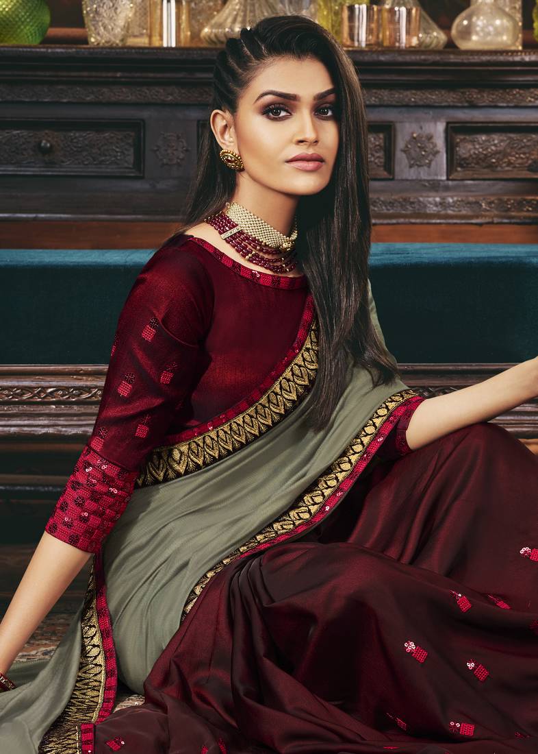 Mehendi embroidered satin saree with blouse - Lilots - 3470246