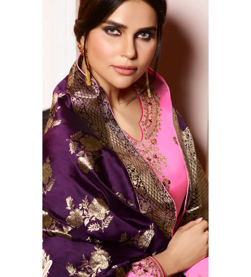 Pink & Magenta Satin Georgette Women's Salwar Suit With Banarasi ...