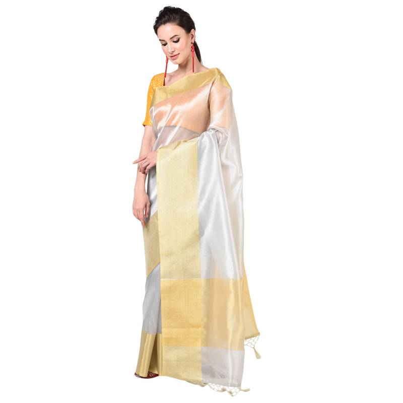 Silver plain tissue saree with blouse - KATTANZ - 3479806