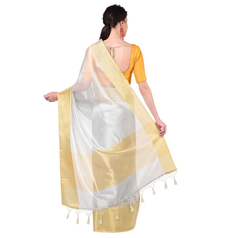 Silver plain tissue saree with blouse - KATTANZ - 3479806