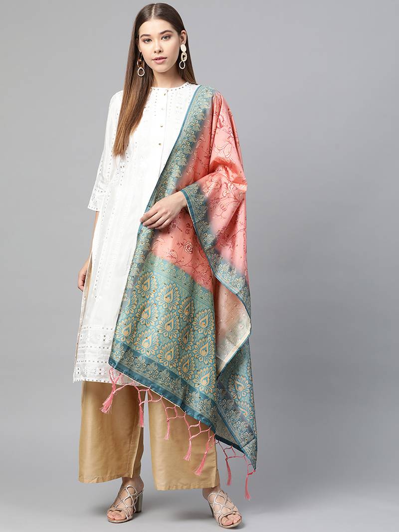 Women Peach Color Silk Digital Print Dupatta - Monjolika - 3480860