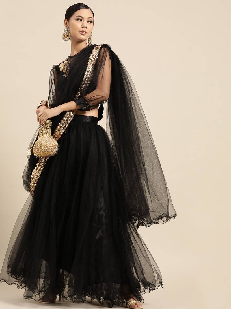 Black plain net saree with blouse - Four Seasons - 3482335