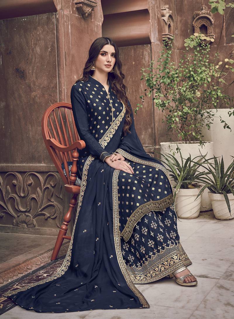 Navy-blue embroidered jacquard salwar - Lilots - 3483420