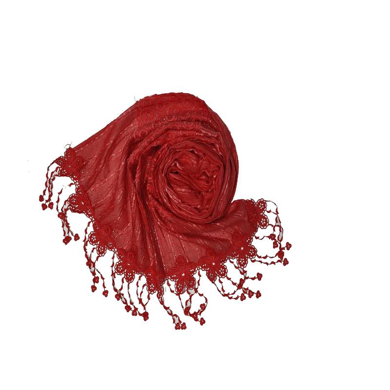 Flowerly Cotton Border Hijab - Red - Size - 75/185 CM - Mean Zoom - 3485462