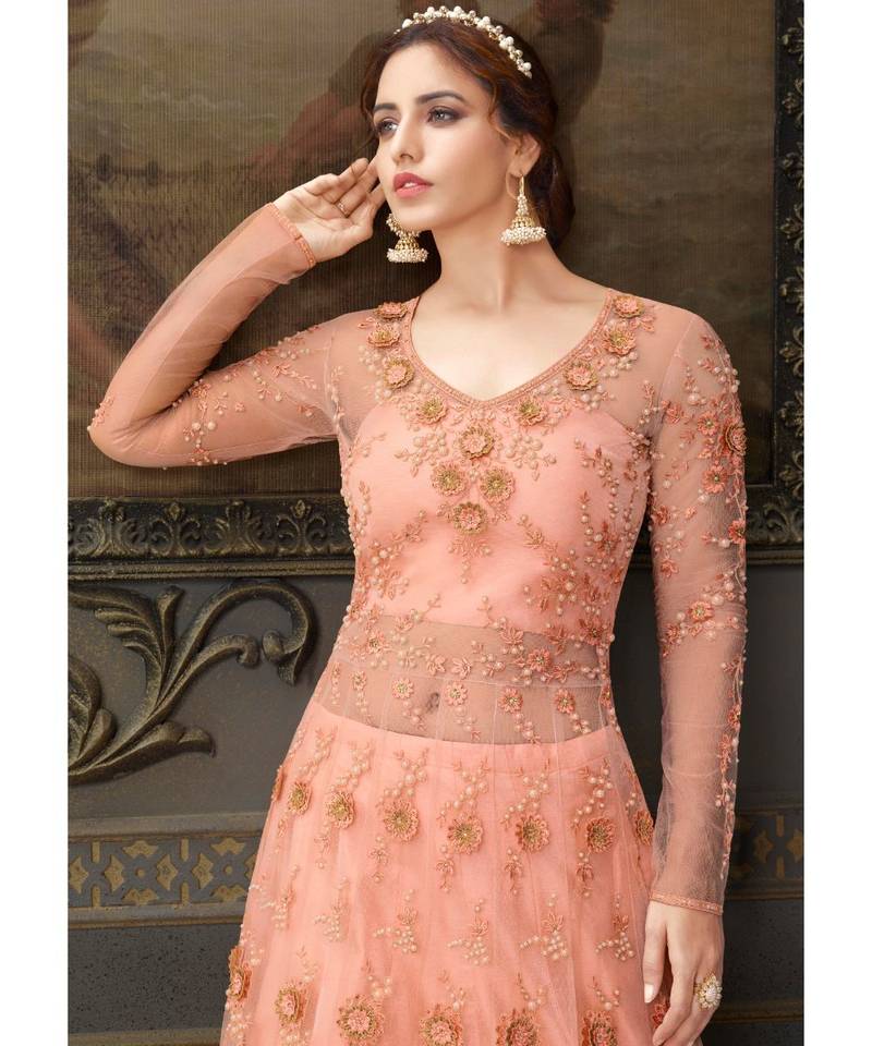Peach net wedding salwar kameez - Callan Sports - 3488186