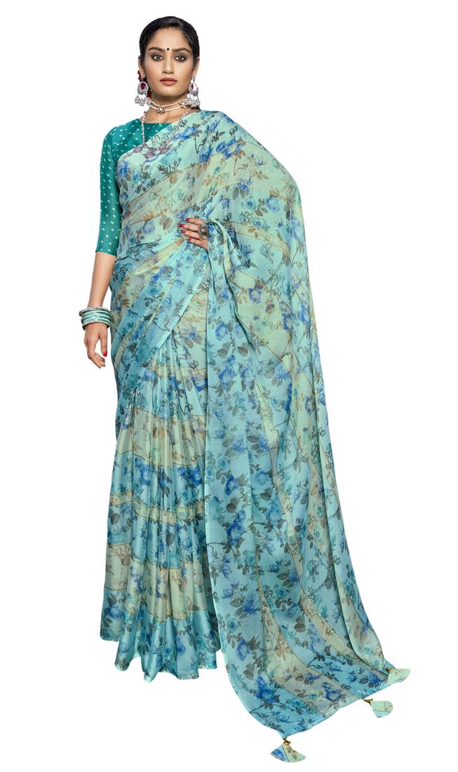 Cyan printed chiffon saree with blouse - SHAKUNT WEAVES - 3492705