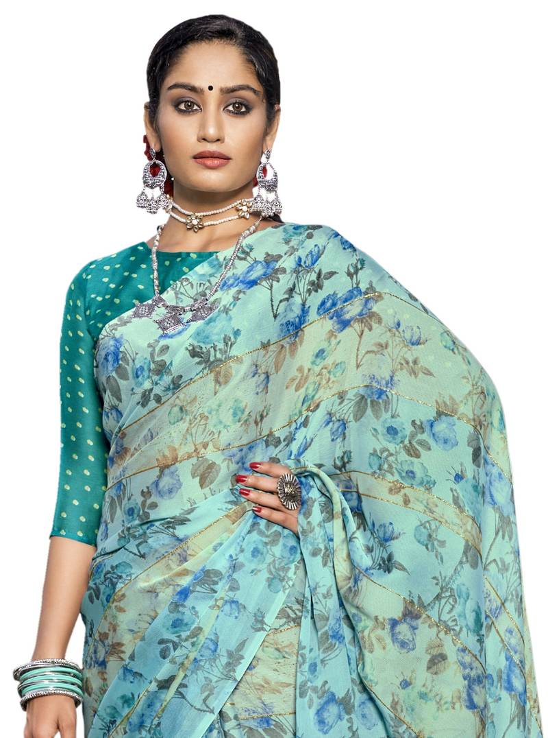 Cyan printed chiffon saree with blouse - SHAKUNT WEAVES - 3492705