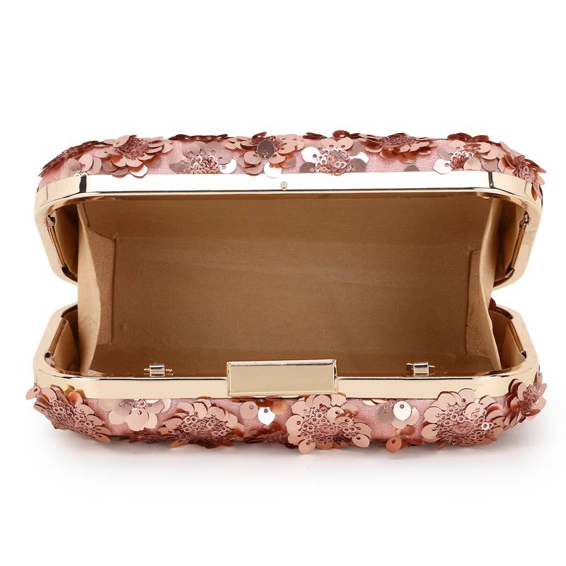 Anekaant Adorn Dusky Pink & Gold Faux Silk Floral Sequined Box Clutch ...