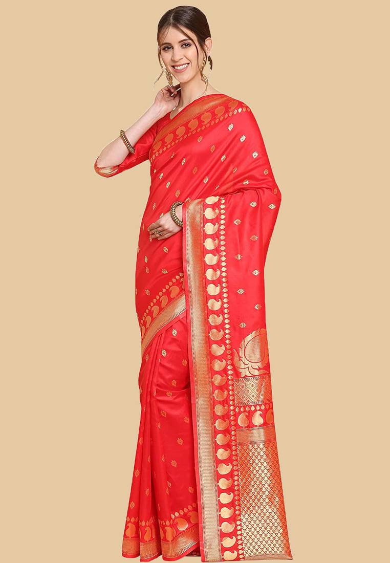 Red Color Designer Jacquard Saree With Blouse Piece. - Face Deal - 3495994