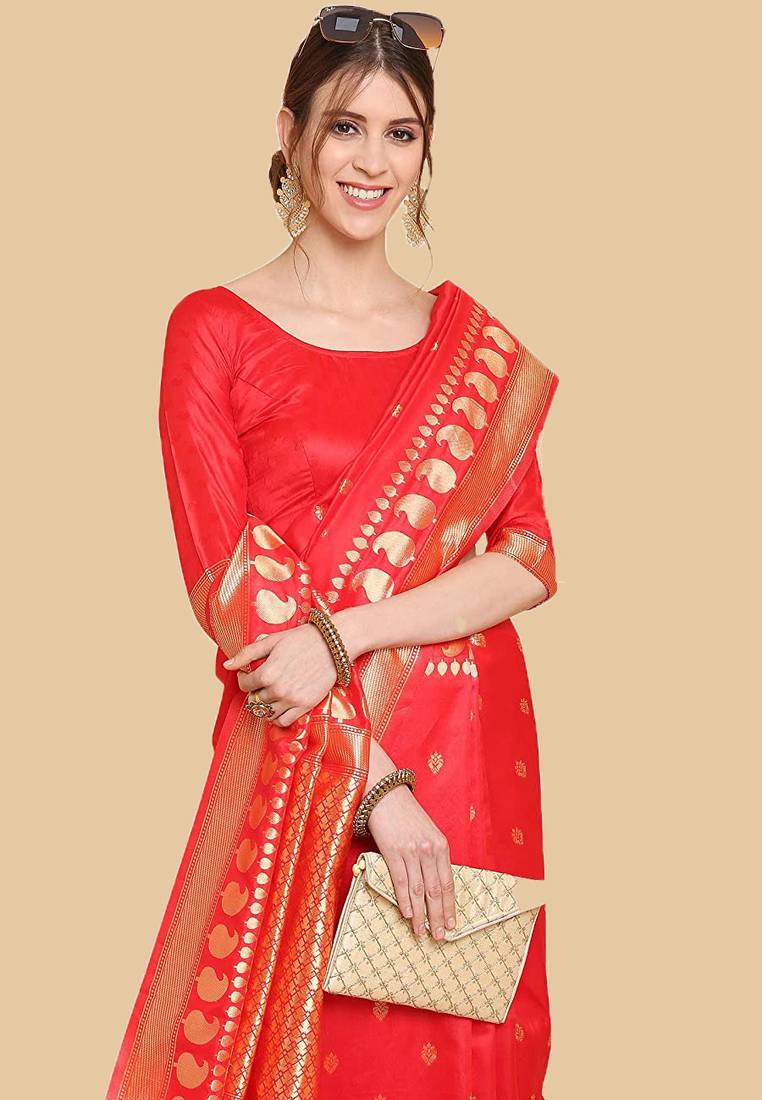 Red Color Designer Jacquard Saree With Blouse Piece. - Face Deal - 3495994
