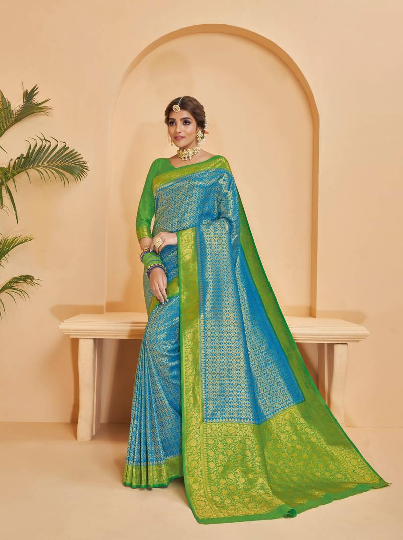 Cyan Blue Art Kanjiveram Silk Saree - Pink Lotus Creation - 3498742