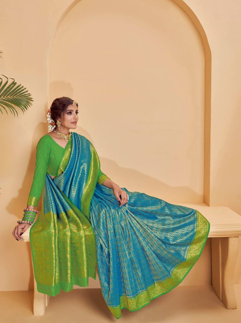 Cyan Blue Art Kanjiveram Silk Saree - Pink Lotus Creation - 3498742