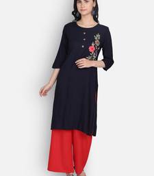 Navy-blue embroidered rayon ethnic-kurtis - Venika Creations - 3505117