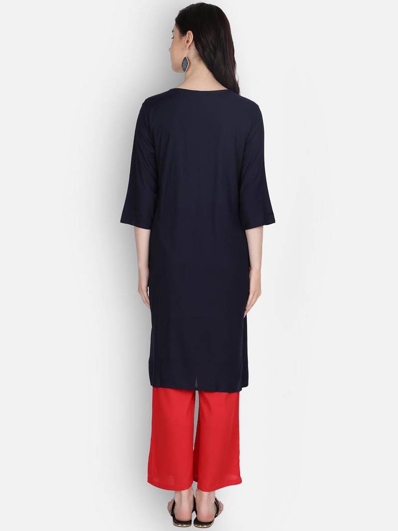 Navy-blue embroidered rayon ethnic-kurtis - Venika Creations - 3505117