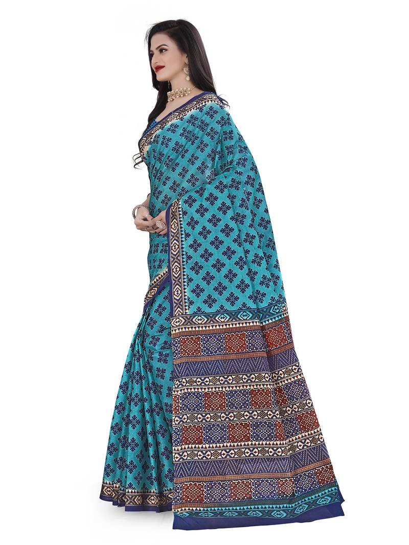Turquoise printed cotton saree with blouse - BLOCKMODA - 3513538