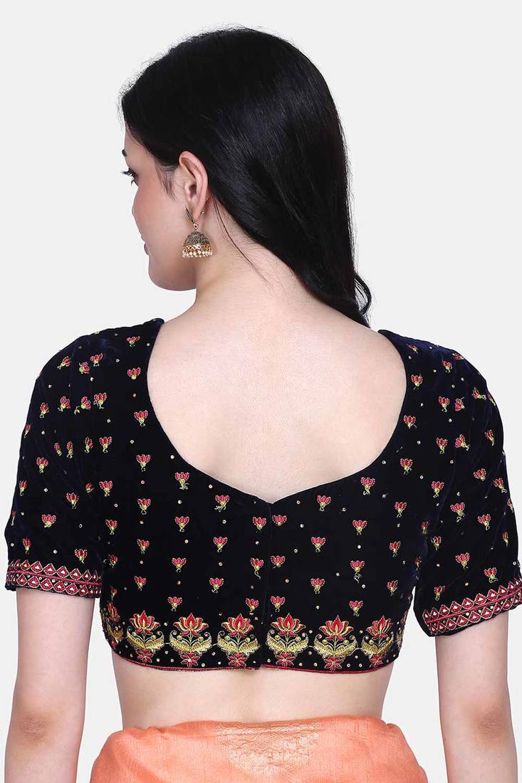 Navy Blue Color Velvet Blouse - Shaily - 3513743