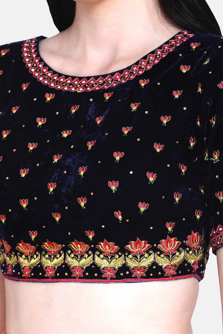 Navy Blue Color Velvet Blouse - Shaily - 3513743