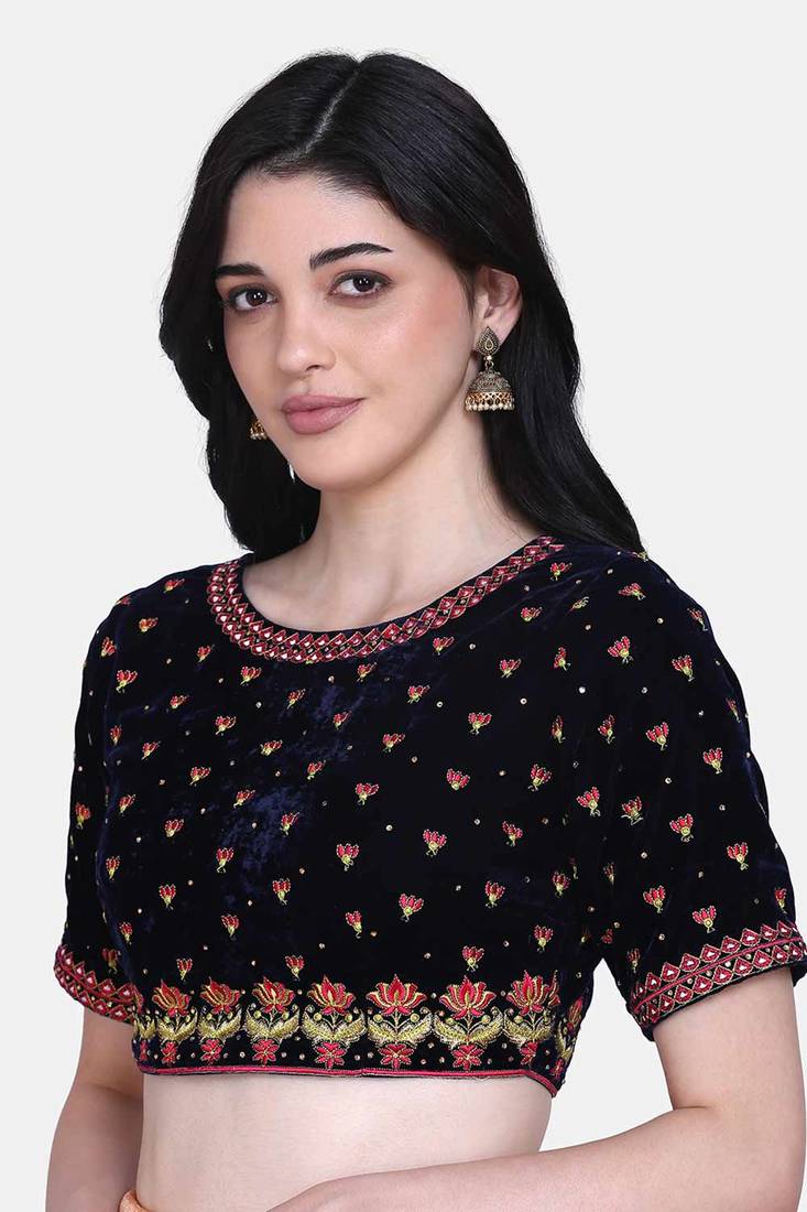 Navy Blue Color Velvet Blouse - Shaily - 3513743