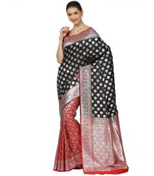 Black woven satin saree with blouse - BANARASI SILK WORKS - 3516566