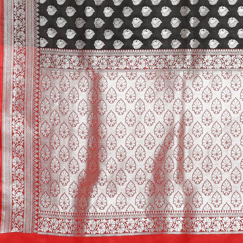 Black woven satin saree with blouse - BANARASI SILK WORKS - 3516566