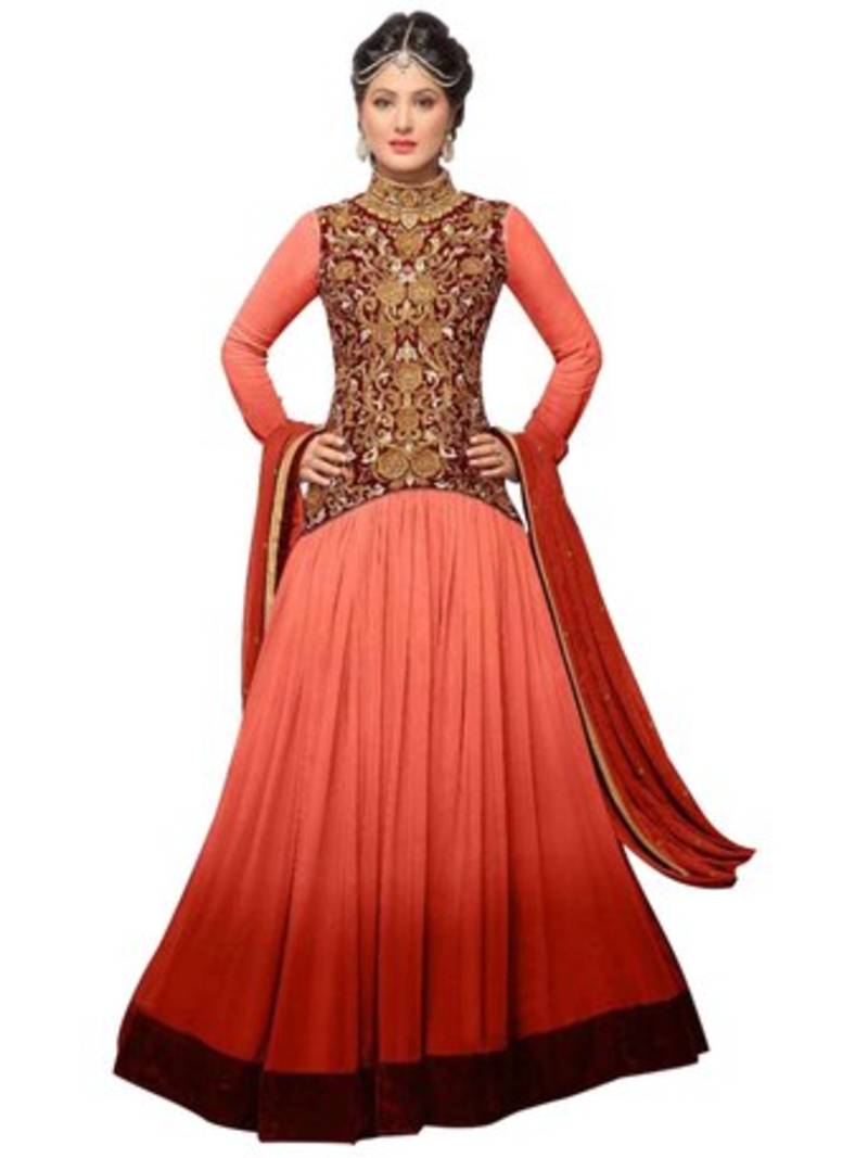 Red embroidered net semi stitched salwar with dupatta - FABFIZA - 499908