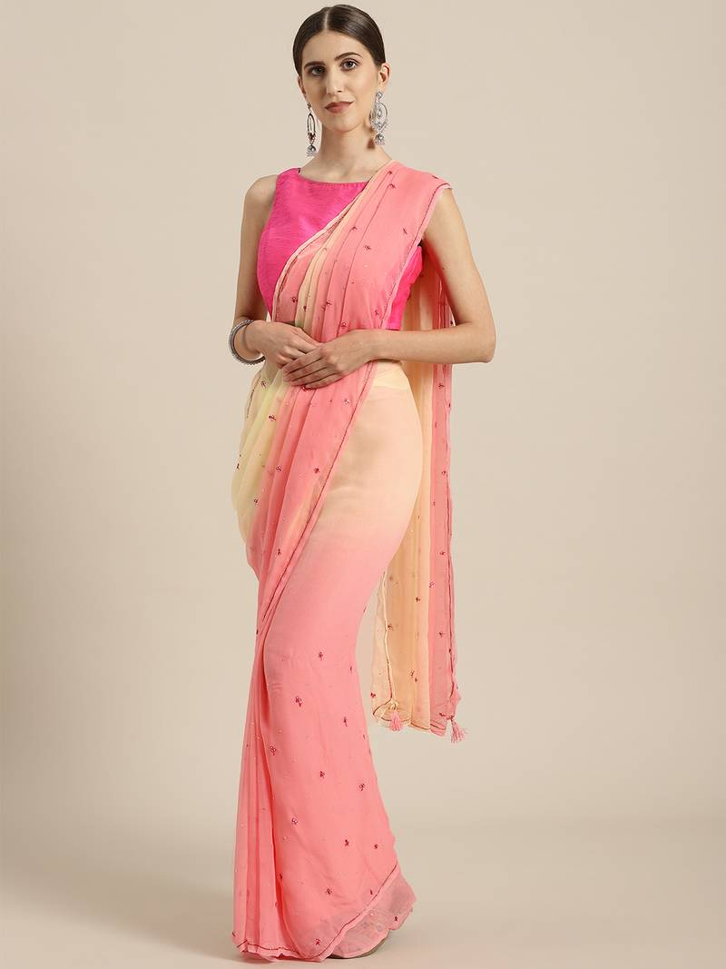 Pink embroidered chiffon saree with blouse - Geroo Jaipur - 3520292