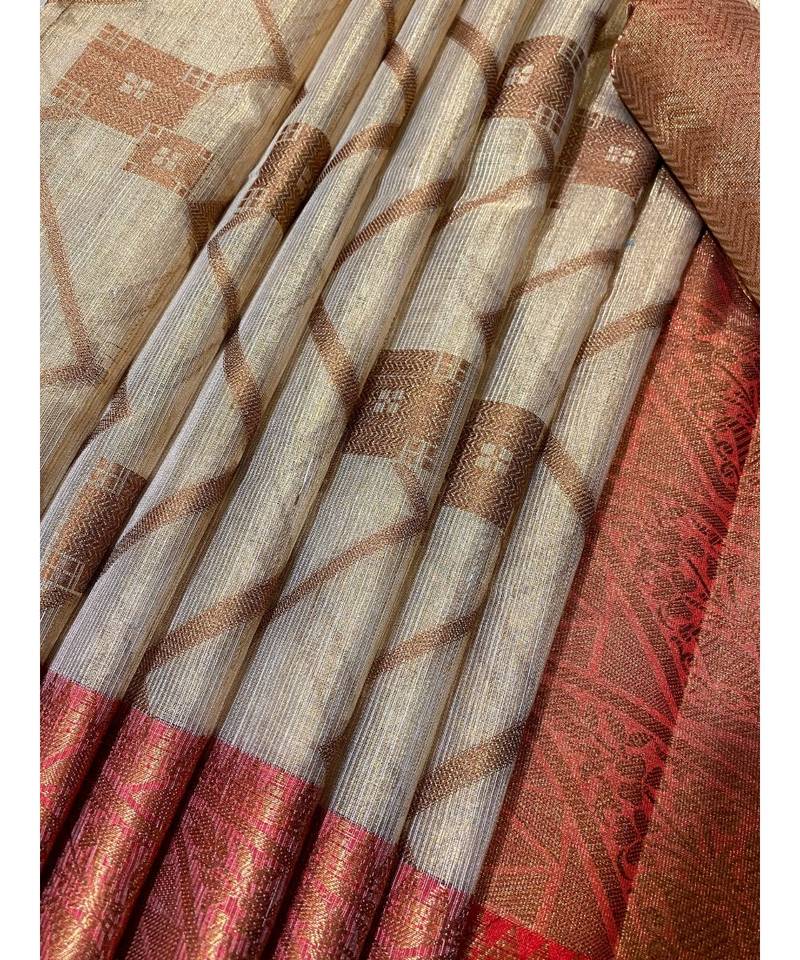 Red color resham jute tissue saree - SANJAR CREATION - 3527993