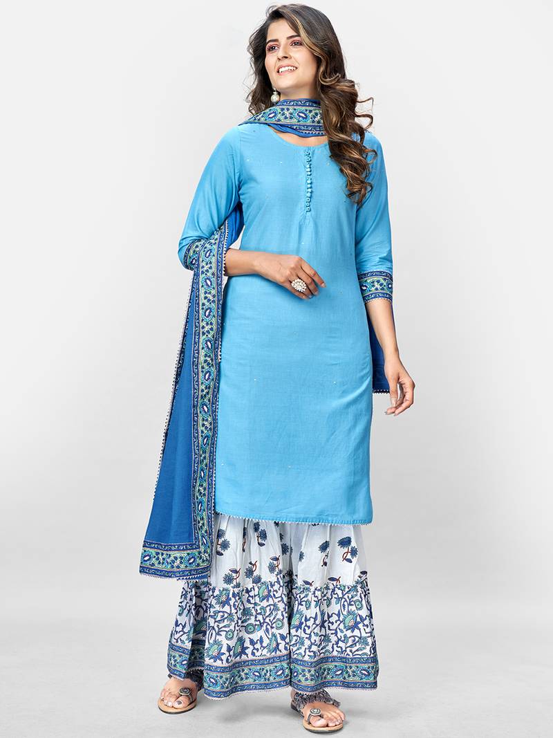 Women's Solid, Sequence & Gotta Patti Straight Cotton Sky Blue Kurta ...