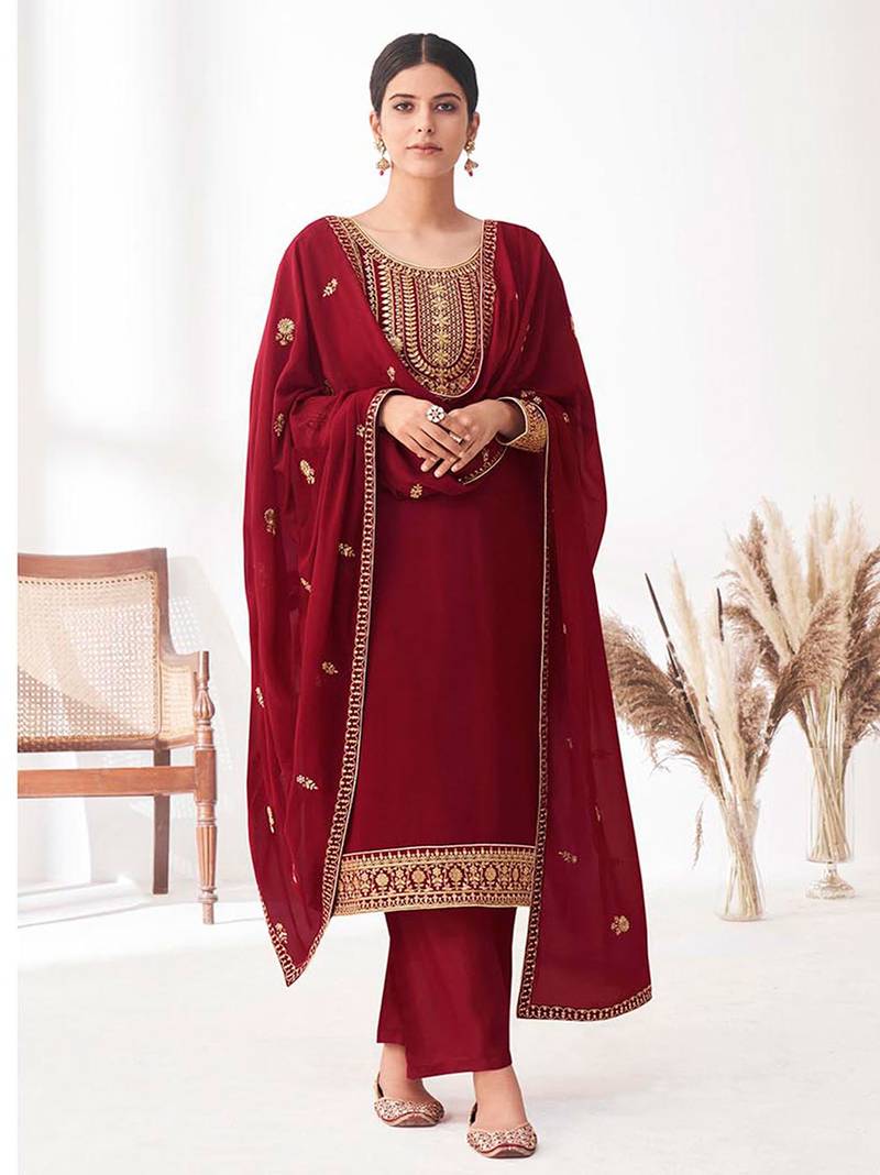 Maroon embroidered georgette salwar - Lilots - 3531989