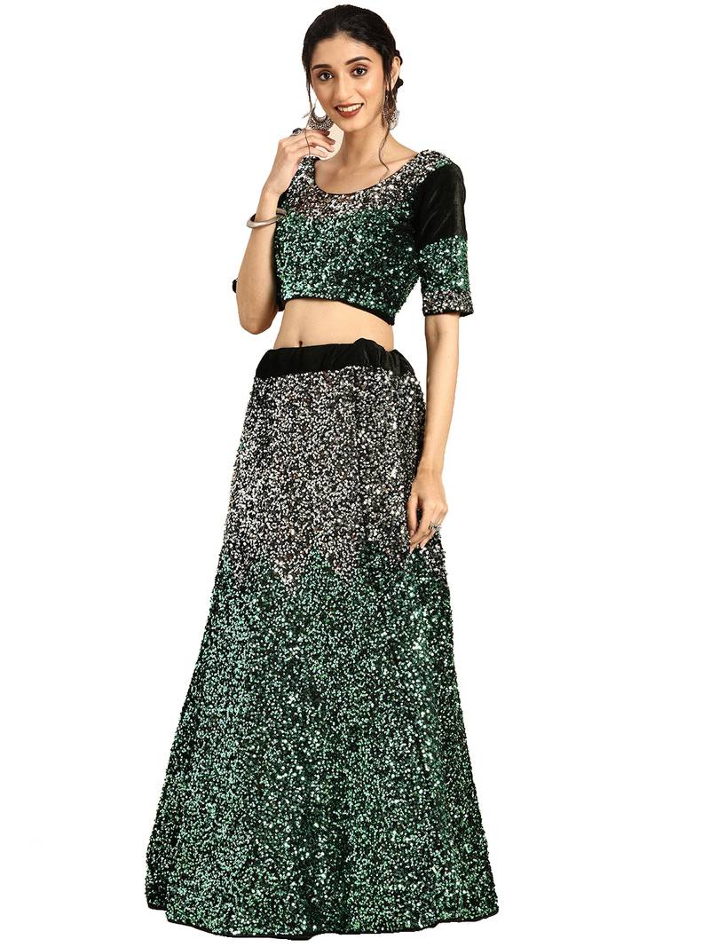 Women Black Sequence Work Velvet Semi Stitched Lehenga - Shaily - 3532504
