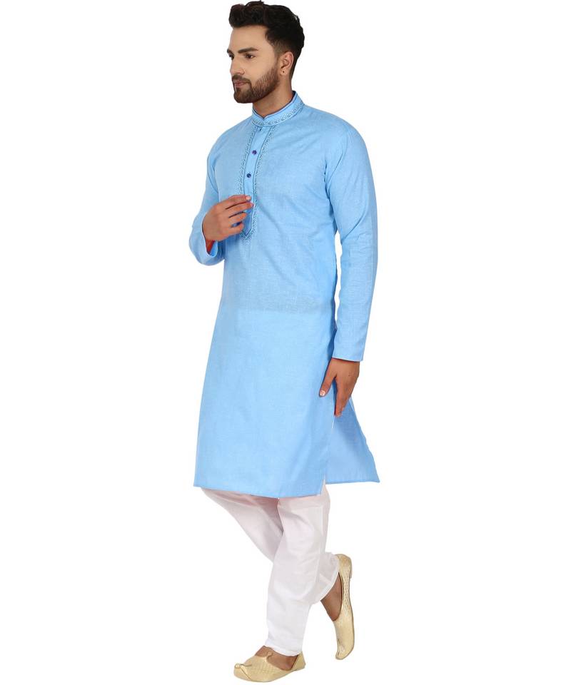 Turquoise embroidered cotton kurta-pajama - ENCIGER - 3537494