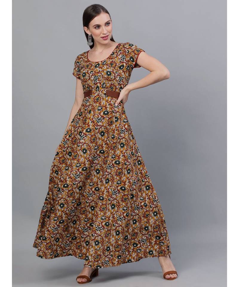 Mustard Kalamkari Floral Printed Flared Maxi Suja Lifestyles Private