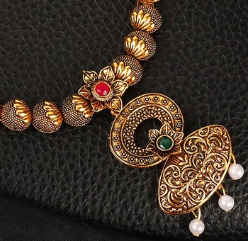 Short Hansli Alloy Gold Oxidised Plated, Oval Shape Pendent Design ...