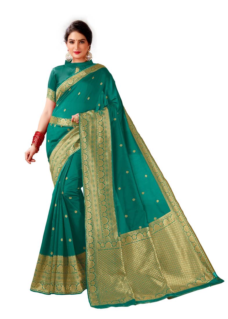 Turquoise woven art silk saree with blouse - Samvegi Creation - 3543976
