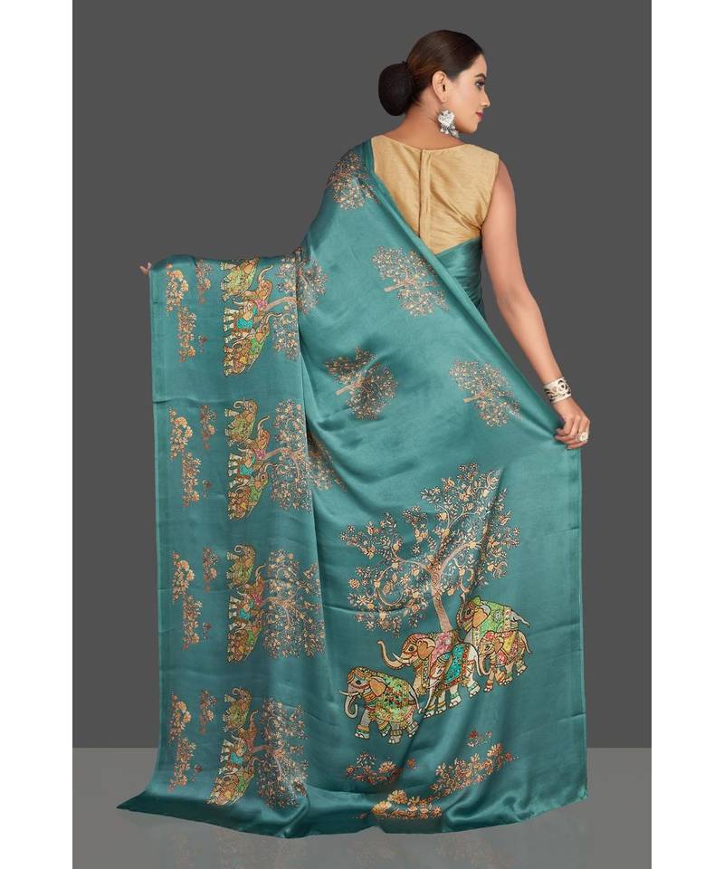 Aque Blue Hathi Design Satin Printed Elegant Saree With Blouse ...