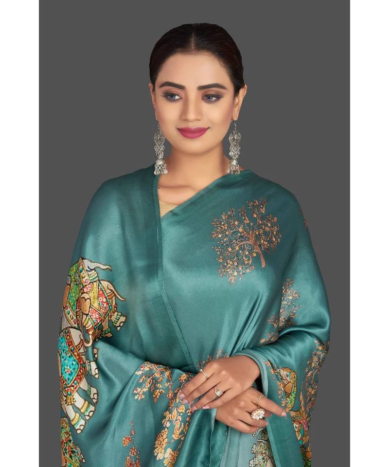 Aque Blue Hathi Design Satin Printed Elegant Saree With Blouse ...