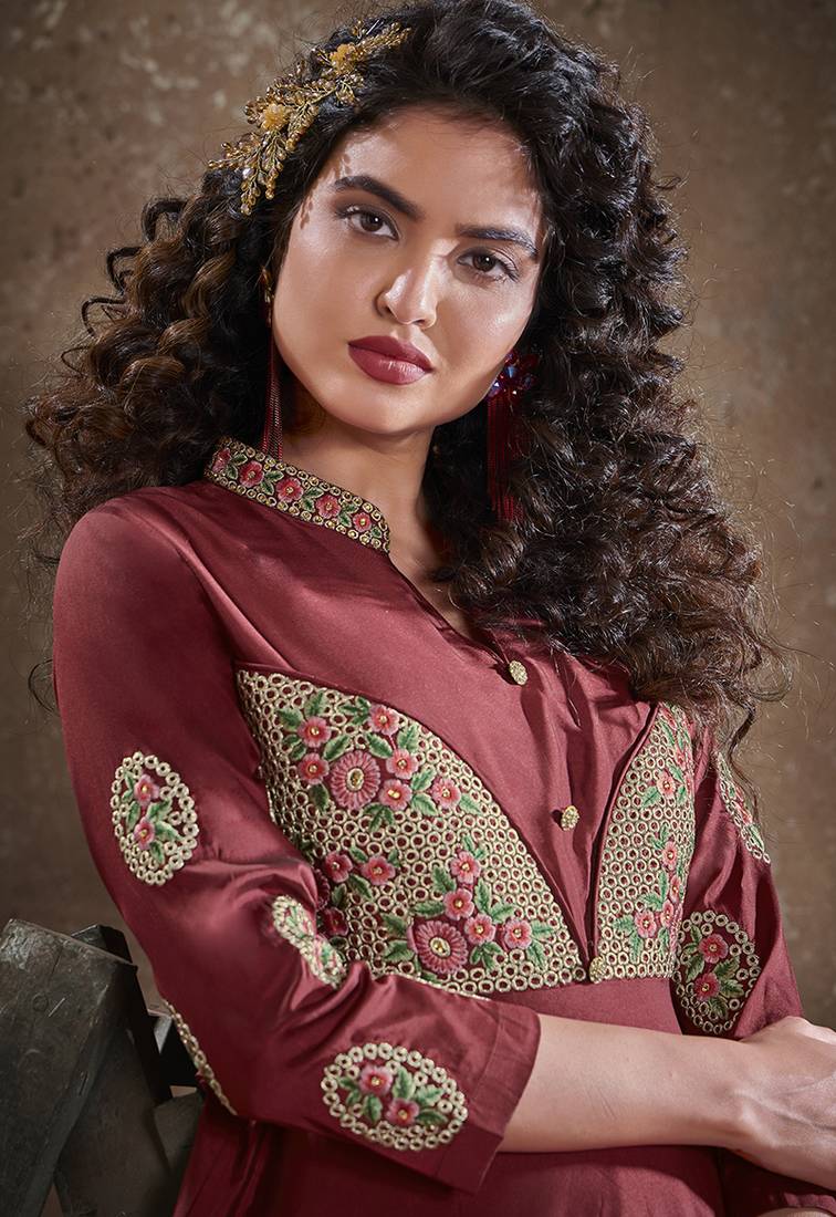 Maroon embroidered silk salwar - Monjolika - 3547989