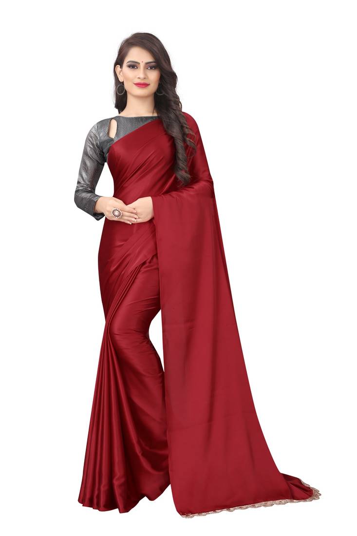 Maroon plain satin saree with blouse - Fashdeal - 3550010
