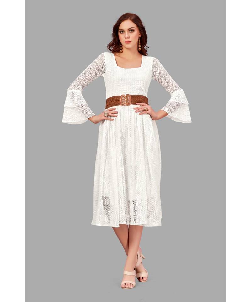 Wedani Women White Net A-line Dress - Wedani - 3550769