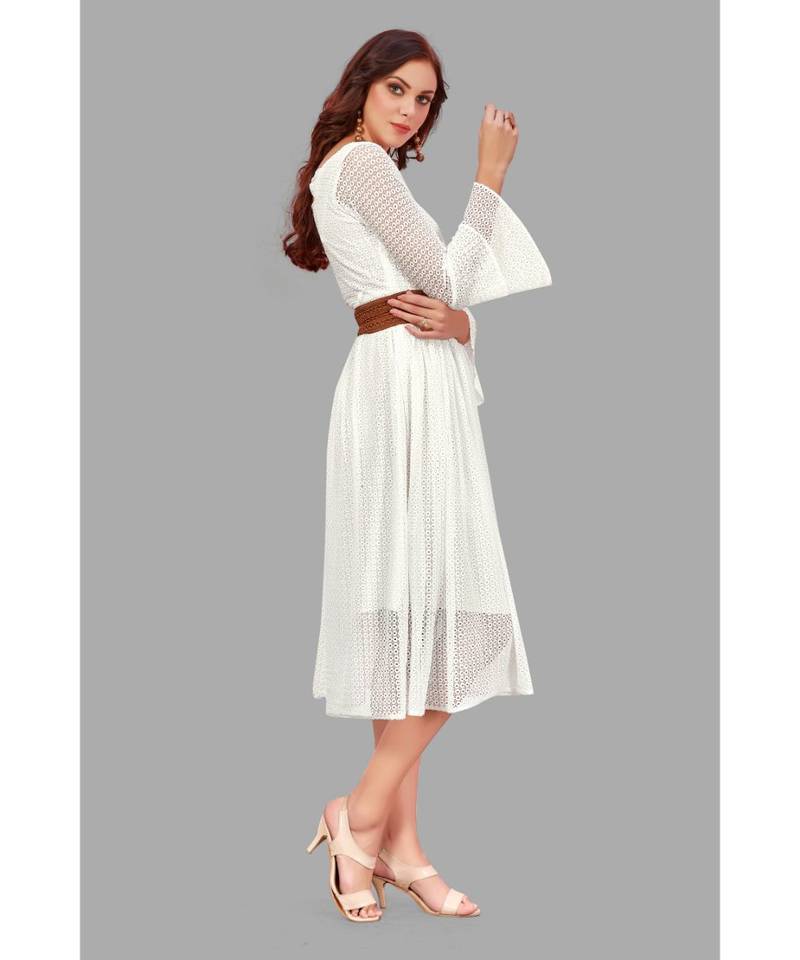 Wedani Women White Net A-line Dress - Wedani - 3550769