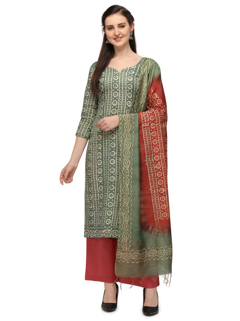 green Soft Cotton Wex Batik Print Suits - IRIS - 3551063