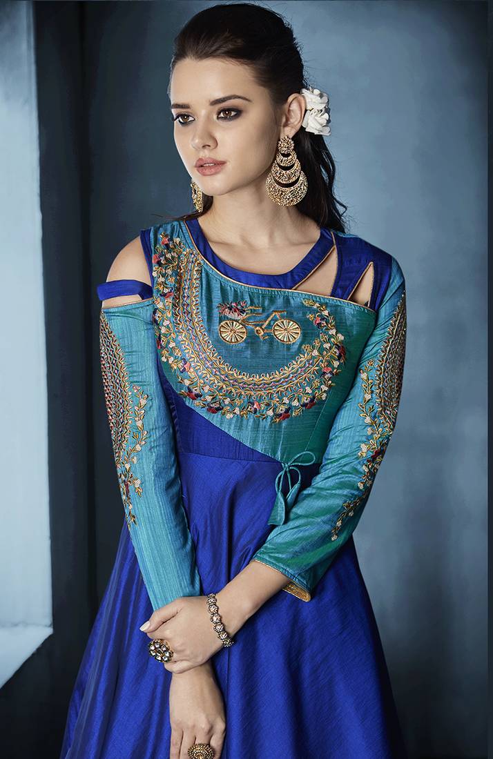 Royal-blue embroidered taffeta salwar - Monjolika - 3553437