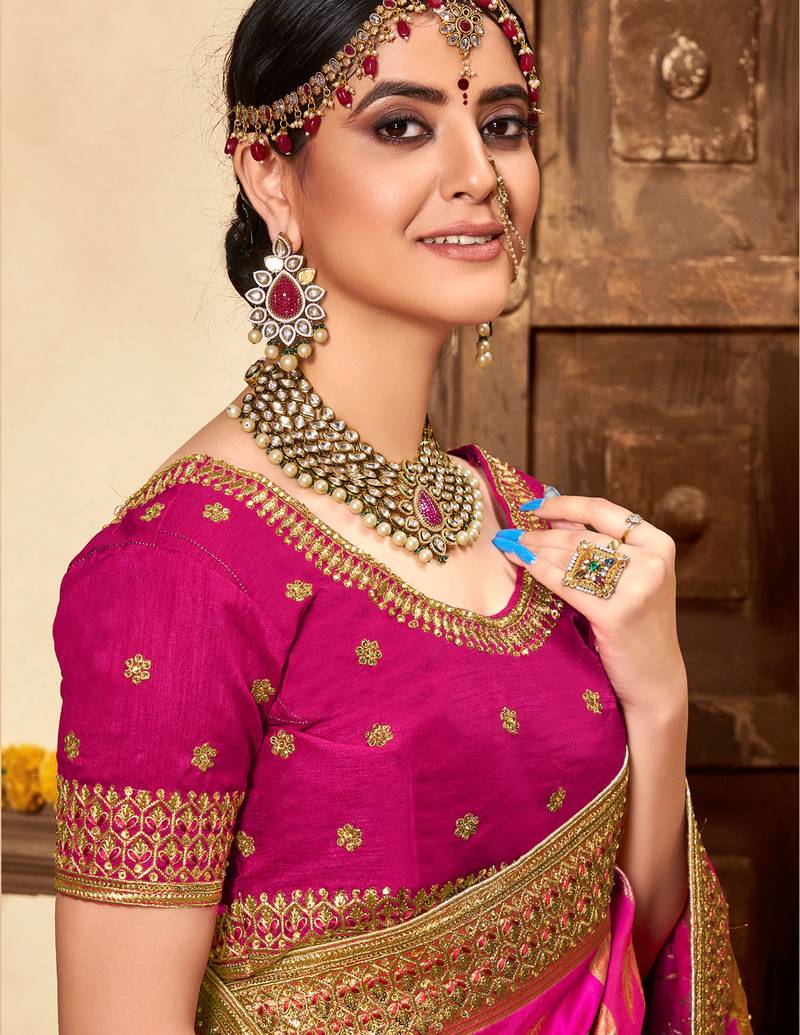 Rani pink embroidered silk saree with blouse - Lilots - 3555984